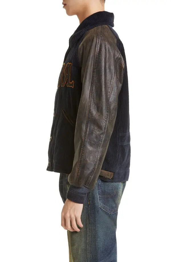 Double Rl Logo Leather Sleeve Corduroy Varsity Jacket In Black